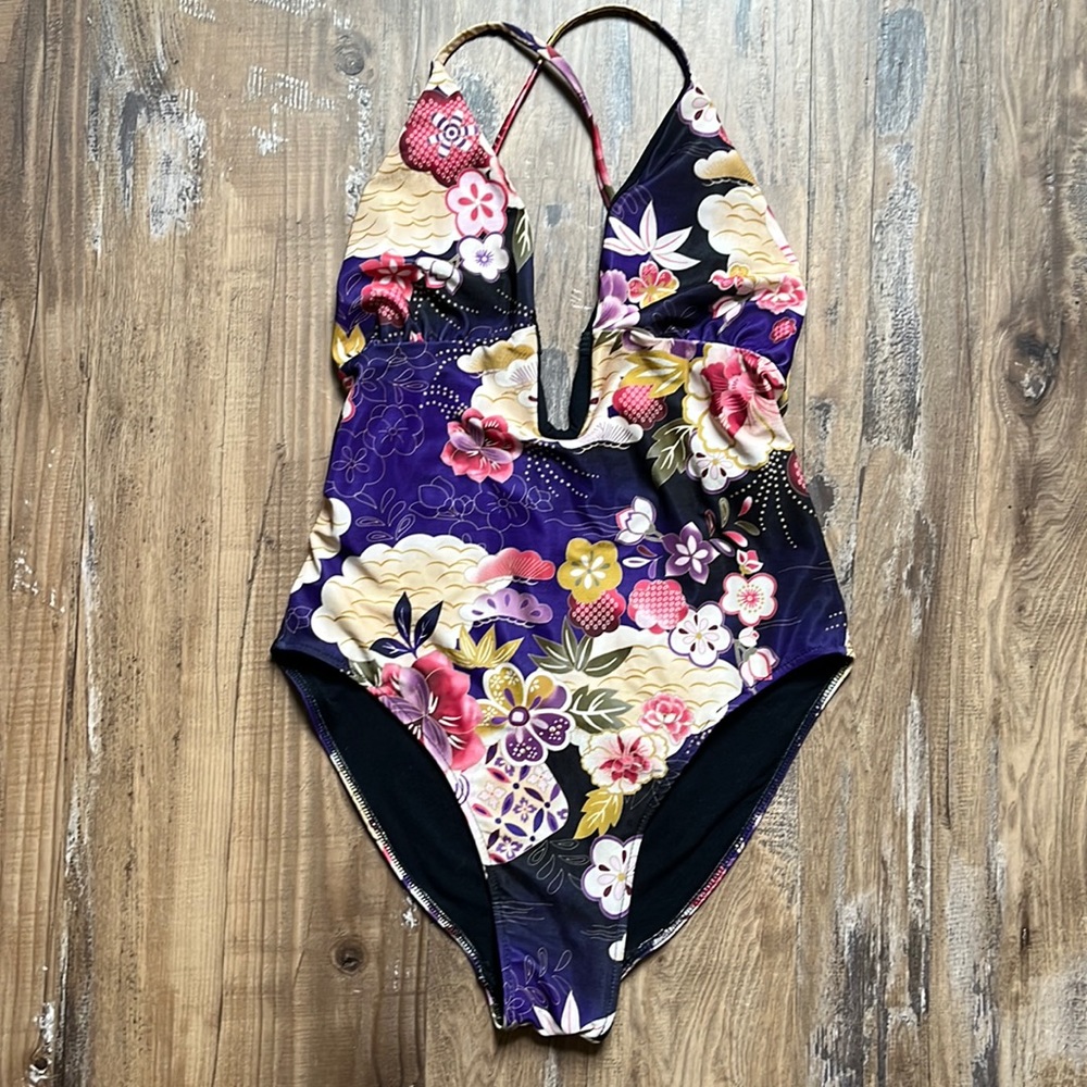Zara Floral Plunge One Piece Bathing Suit - Gem